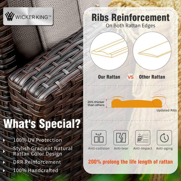 Brown Rattan Wicker 9 Seat 6 Piece Steel Outdoor Patio Conversation Set with Beige Cushions and 2 Ottomans