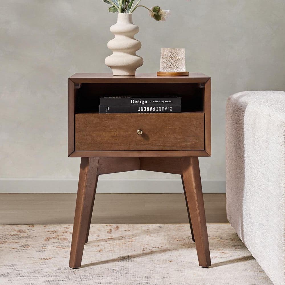 JAYDEN CREATION Tobia Walnut 1-Drawer 18 in. W Nightstand with Built-In ...