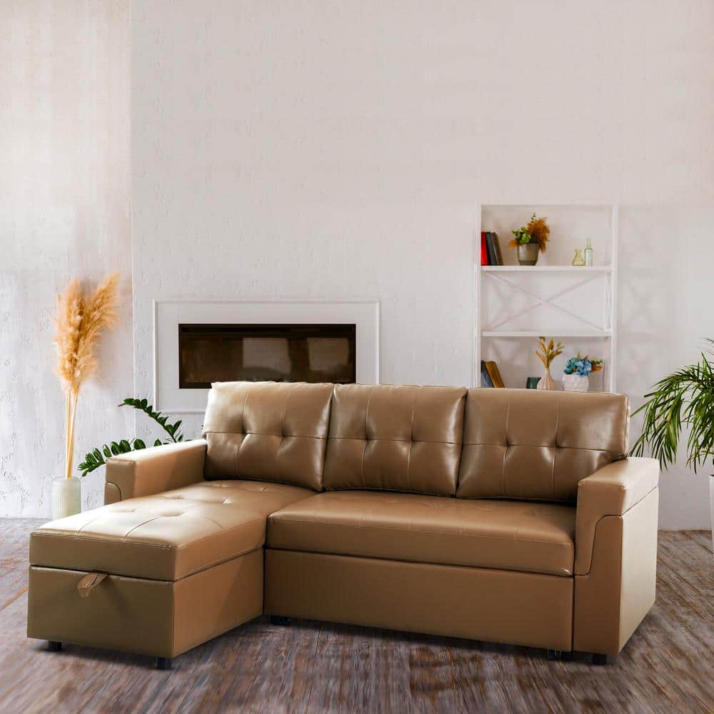 HOMESTOCK 84.64 in. Faux Leather L-Shaped Sleeper Sectional Sofa in ...