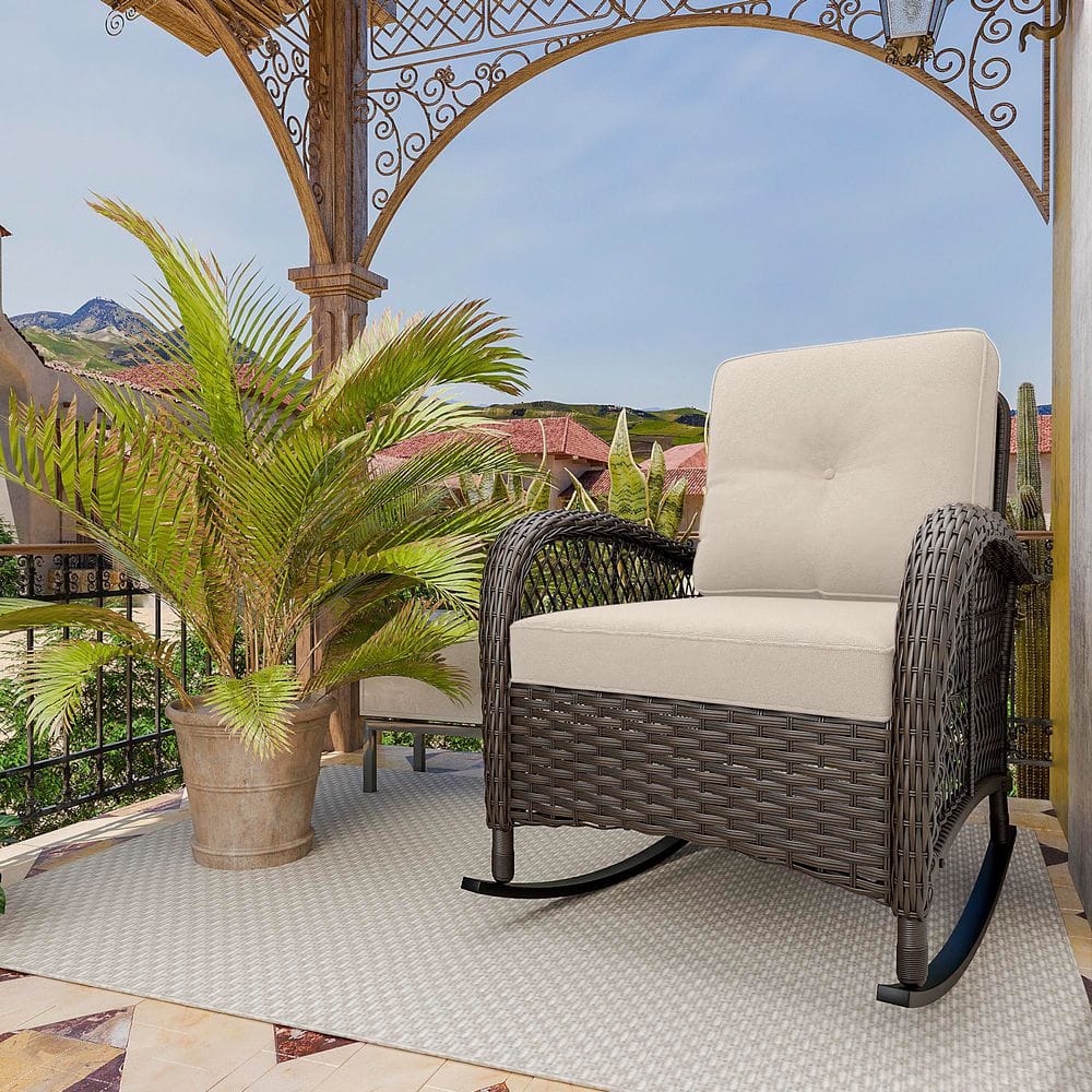 INMITOM Wicker Outdoor Rocking Chair Lounge Chair Patio with Beige ...