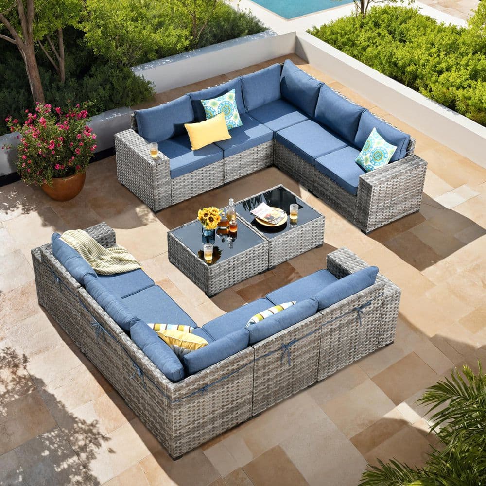 XIZZI Beatrice 12-Piece Wicker Outdoor Sectional Set with Denim Blue ...