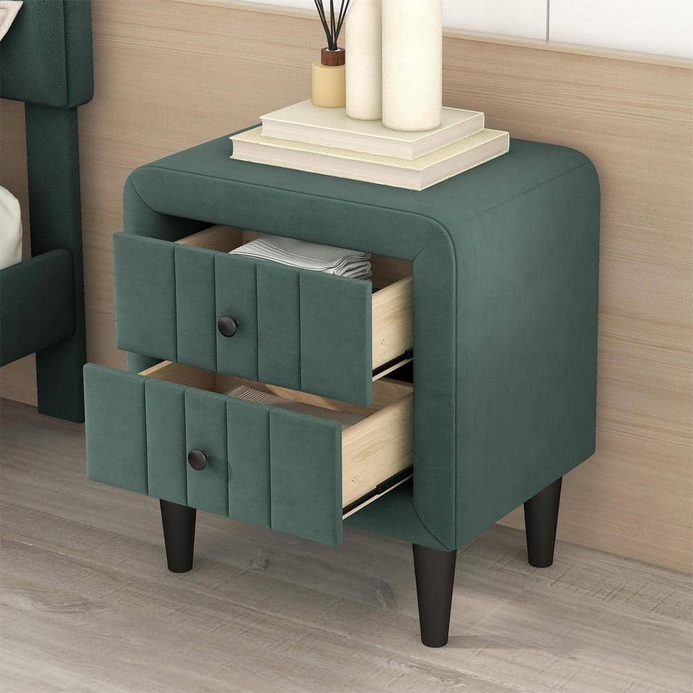 Modern Green Wood Nightstand with 2-Drawers Velvet Bedside Table with ...