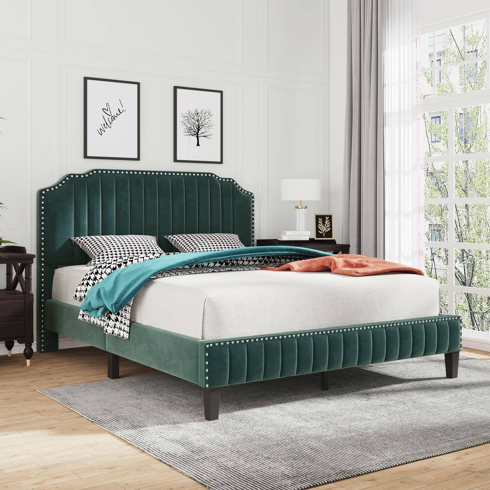 URTR Green Wood Frame Queen Size Upholstered Platform Bed with ...