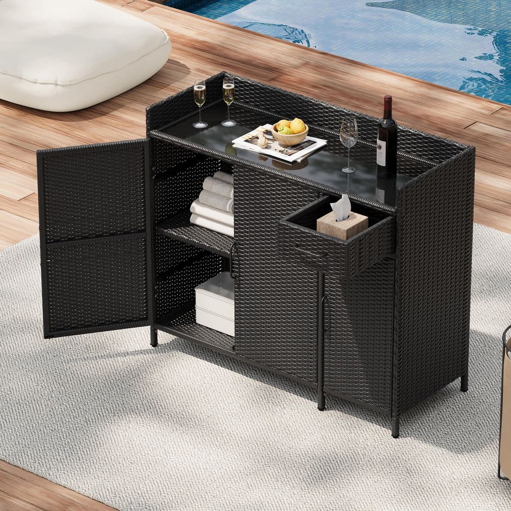 Black 48 in. Wicker Outdoor Side Table, Weather-Proof Patio Rattan ...