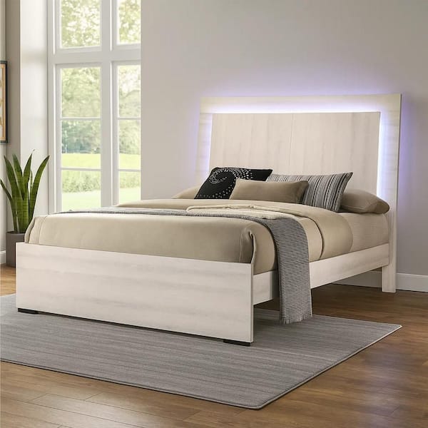 Benjara Hyao White Metal Frame Queen Panel Bed with Transitional Panel ...