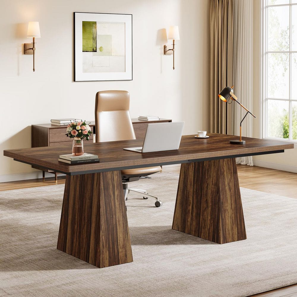BYBLIGHT Lanita 63 in. Rectangular Rustic Brown Wood Computer Desk with ...