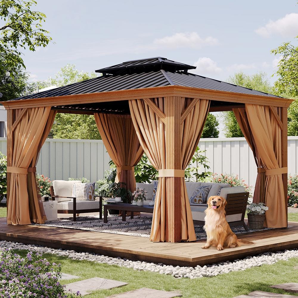 Sizzim 12 ft. x 10 ft. Outdoor Double Hardtop Gazebo, Wooden Finish ...