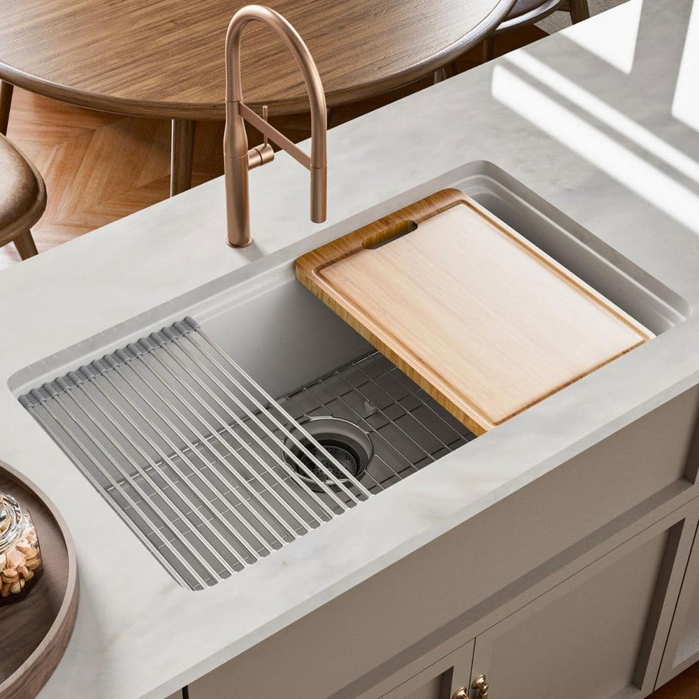 Los Flexi 33 in. Undermount/Drop-In Kitchen Sink, Workstation Single Bowl White Fireclay, Drying ...