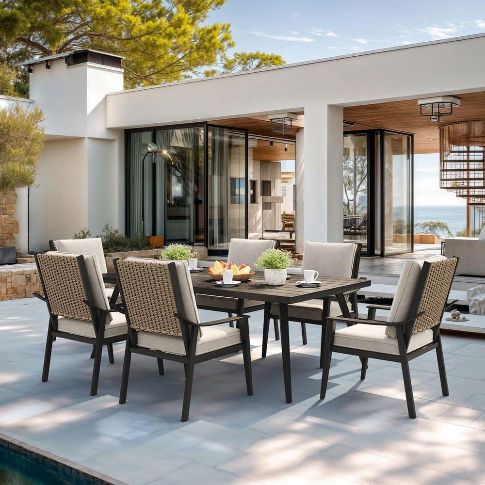 PURPLE LEAF 7 Piece Wicker Outdoor Dining Set with 1.57 in. Umbrella ...