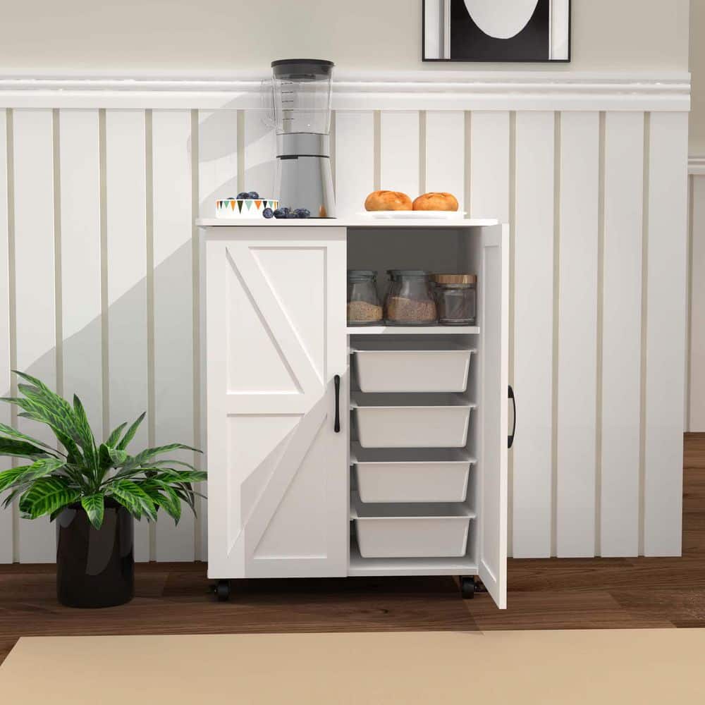 White Movable Kitchen Pantry Cabinet with 5-Tier Organizers, Coffee Bar ...