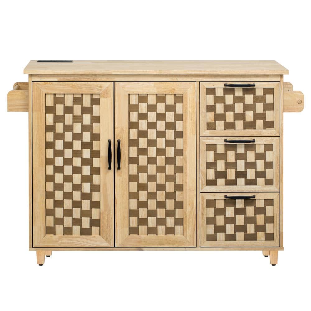 YANTENG LLC 53in. W Natural 3D Woven Checkerboard Wood Kitchen Cart ...