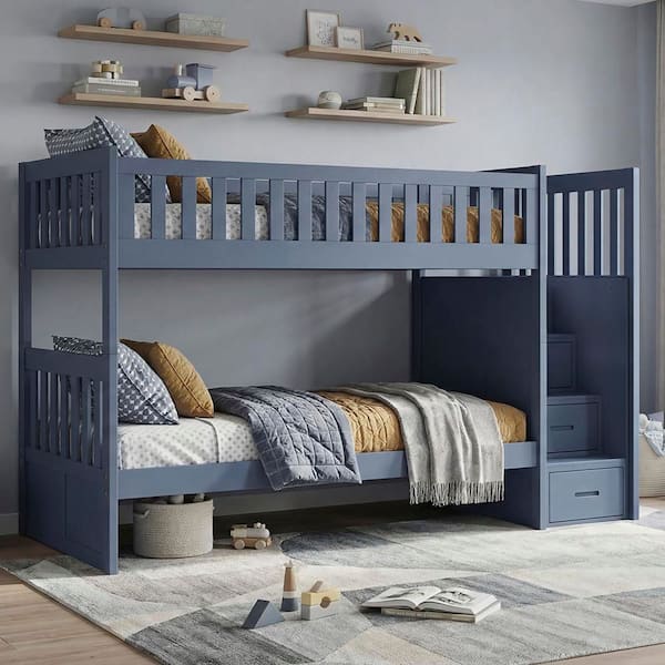 Lazzara Darden Blue Twin Over Twin Step Bunk Bed with Reversible Step ...