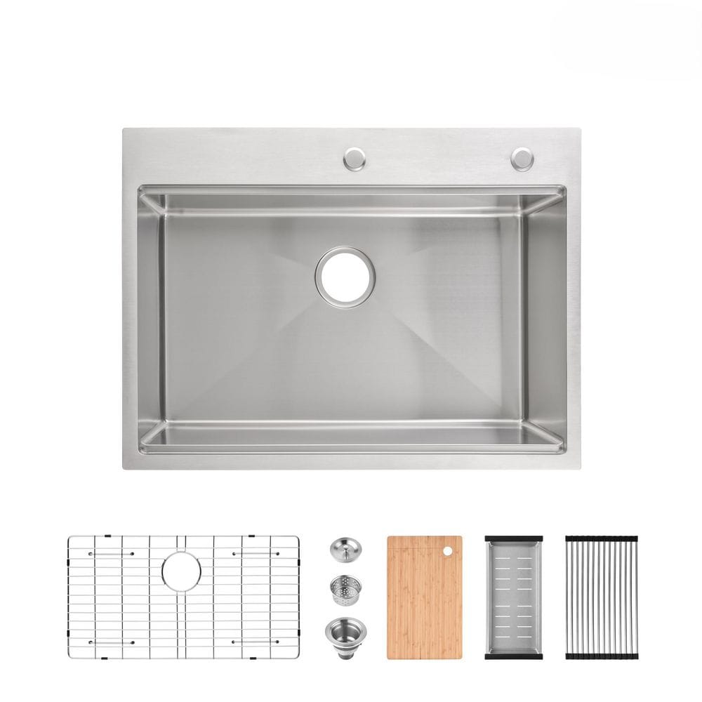 ANGELES HOME 30 in. L Silver Undermount Single Bowl 18G 304 Stainless ...