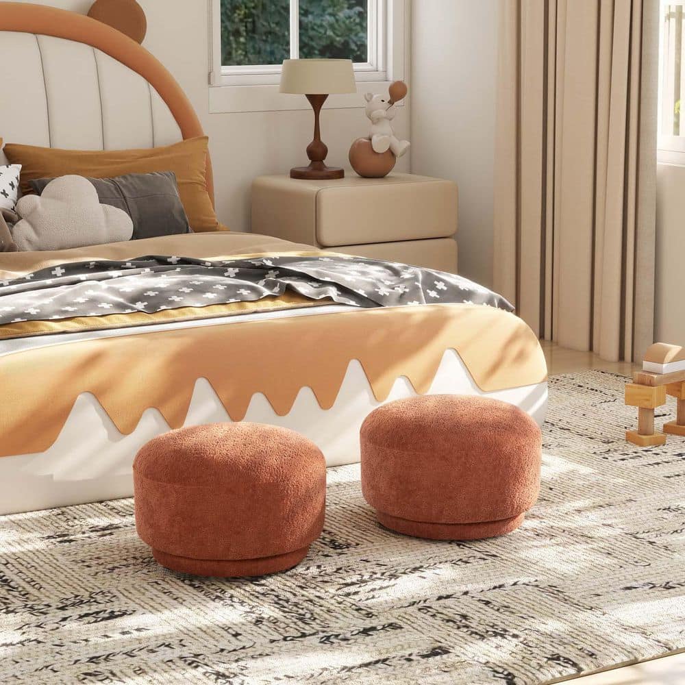 Orange Boucle Filled Ottoman Cotton Round Pouf Mushroom Footstool for ...