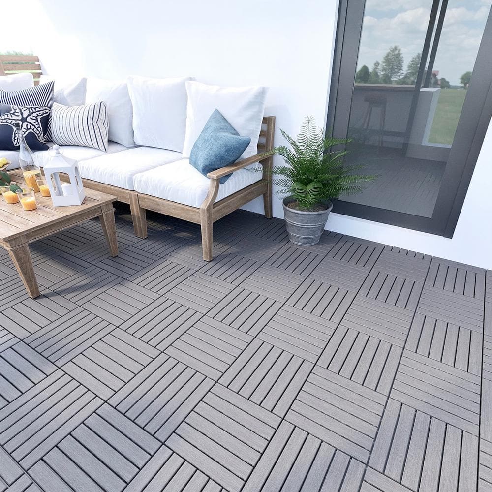 GOGEXX 1 ft. x 1 ft. Acacia Wood Striped Pattern Interlocking Flooring Deck Tile in Gray (10 Per ...