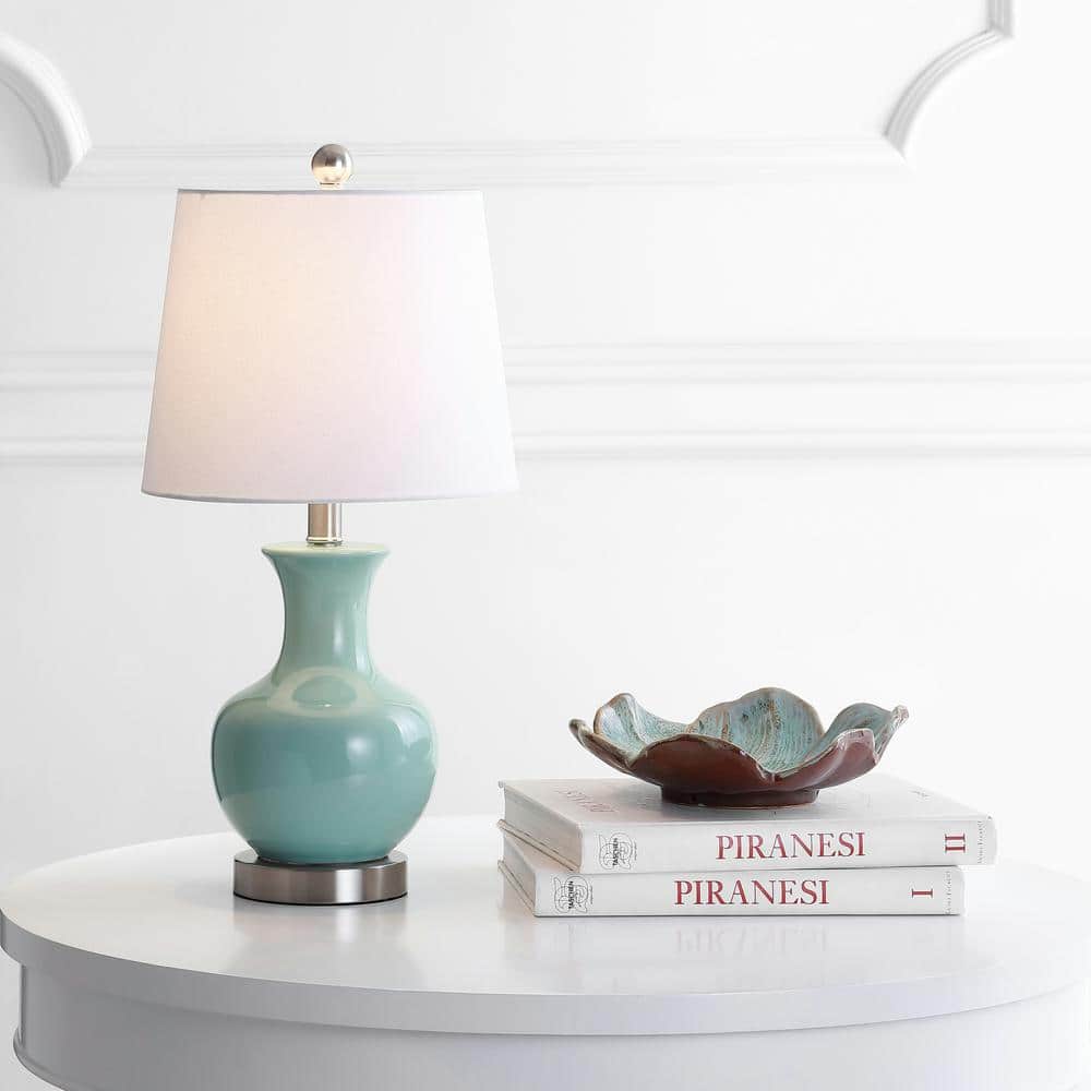 SAFAVIEH Soren 22 in. Light Blue Gourd Table Lamp wit Off-White Shade ...