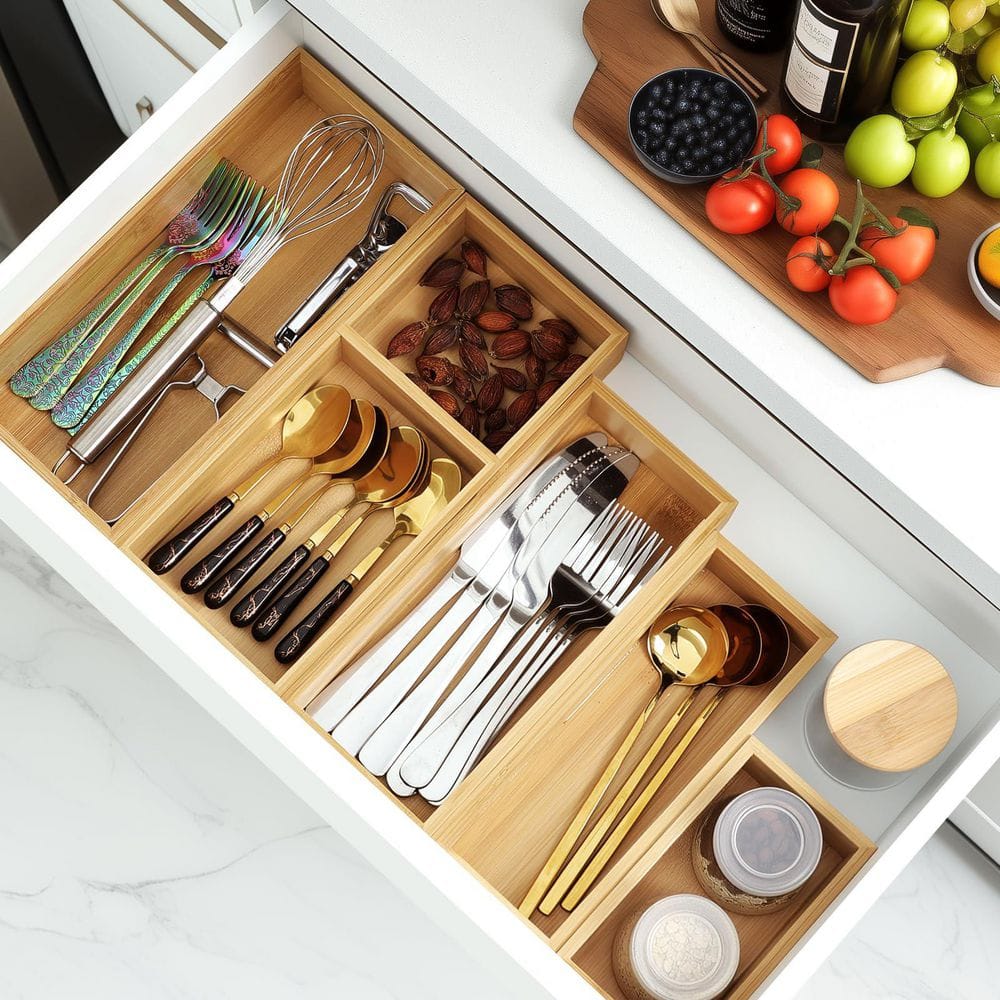 Wudkey Bamboo Wood Drawer Storage Boxes Bins Set of 5, for Cutlery ...