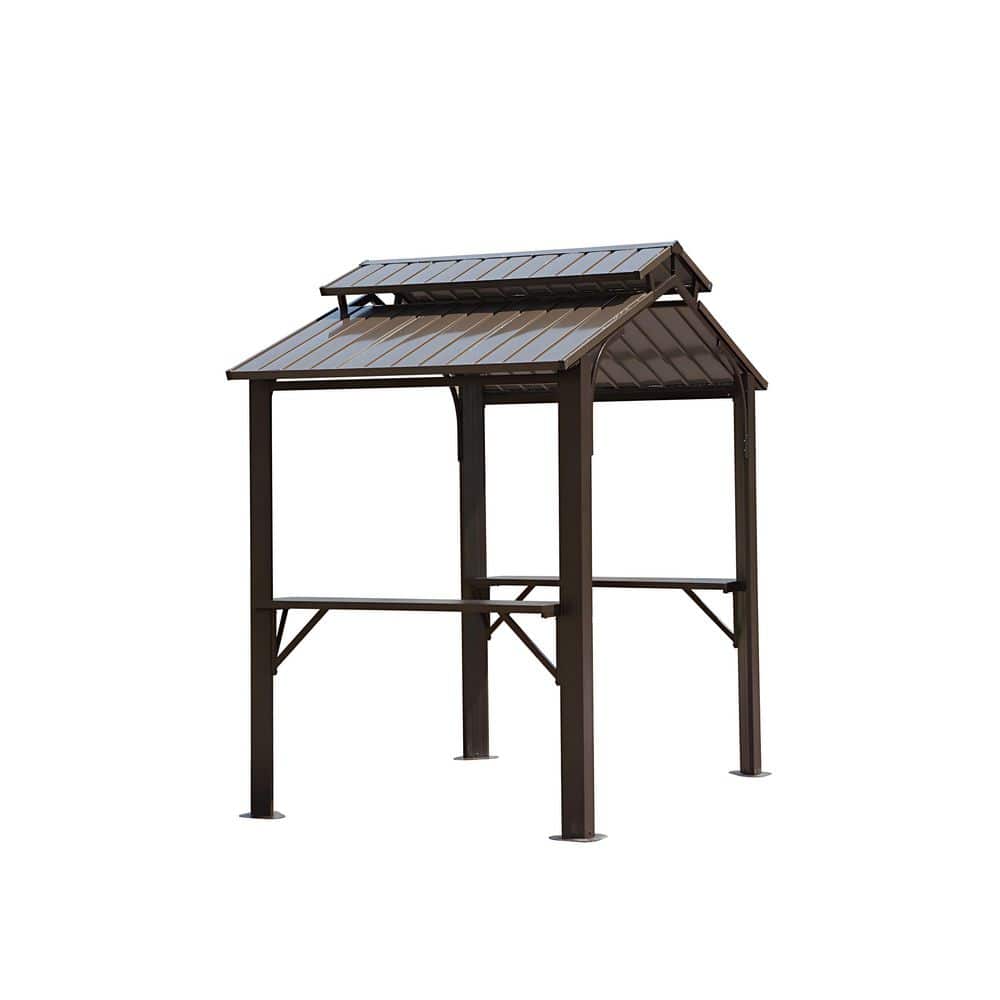 Clihome 8 ft. x 5 ft. Brown Metal Hardtop Grill Gazebo with Double Roof ...