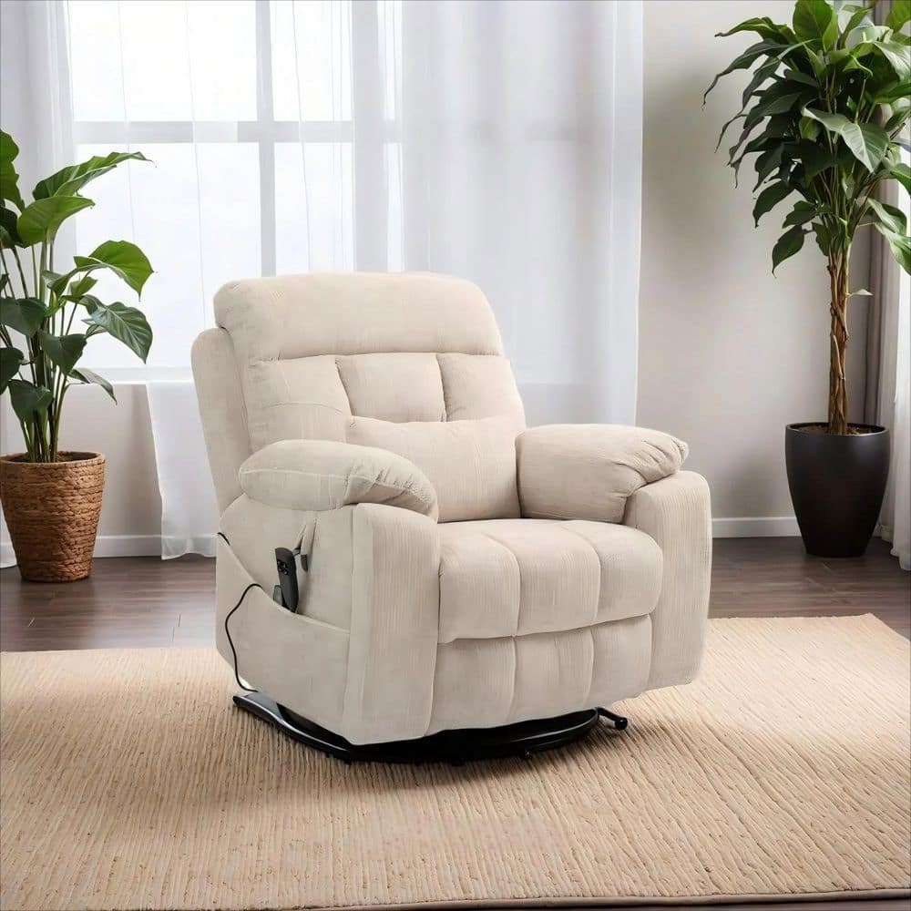 Clihome Beige Velvet Dual Motor Lift Recliner with Heating and Massage ...