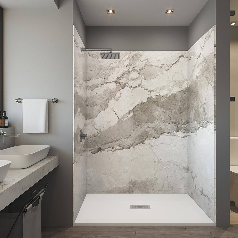 CASTICO 60 in. x 36 in. x 84 in. Alcove Solid Composite Stone Shower ...