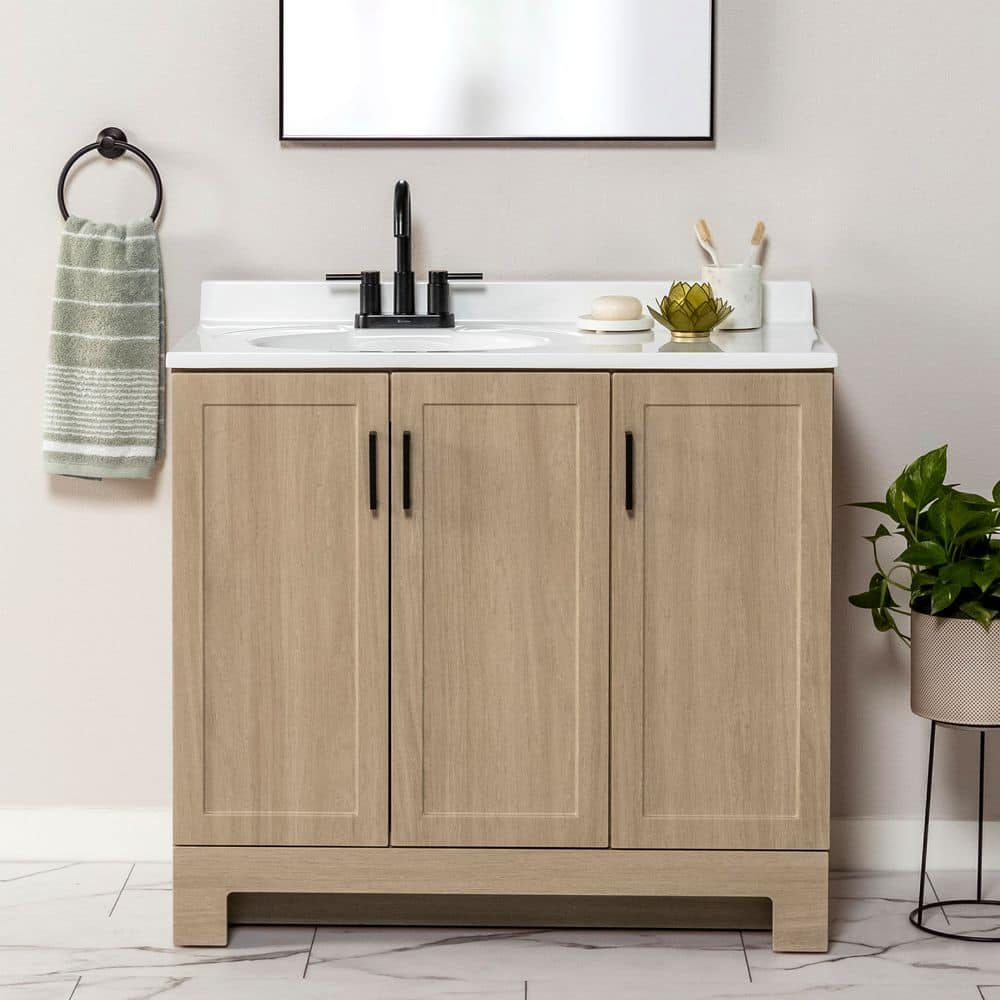 Glacier Bay Oakley 37 in. Single Sink Beige Oak Bath Vanity with White ...
