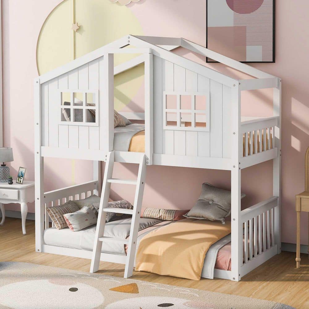Polibi White Twin over Twin House Bunk Bed with Ladder, Wood Bed RS ...