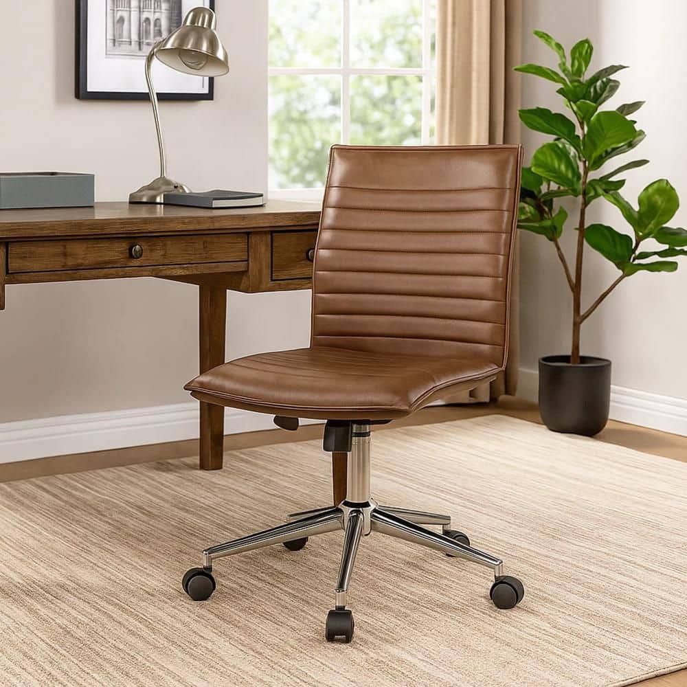 Benjara Haily Vinyl Rolling Task Chair in Brown and Chrome without Arms ...