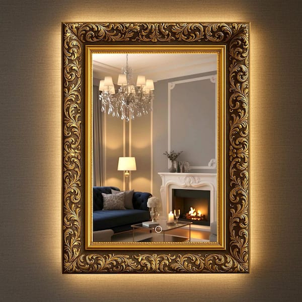 YULIKA 40 in. W x 32 in. H Rectangular Baroque Framed LED Bathroom Vanity Mirror Vintage ...