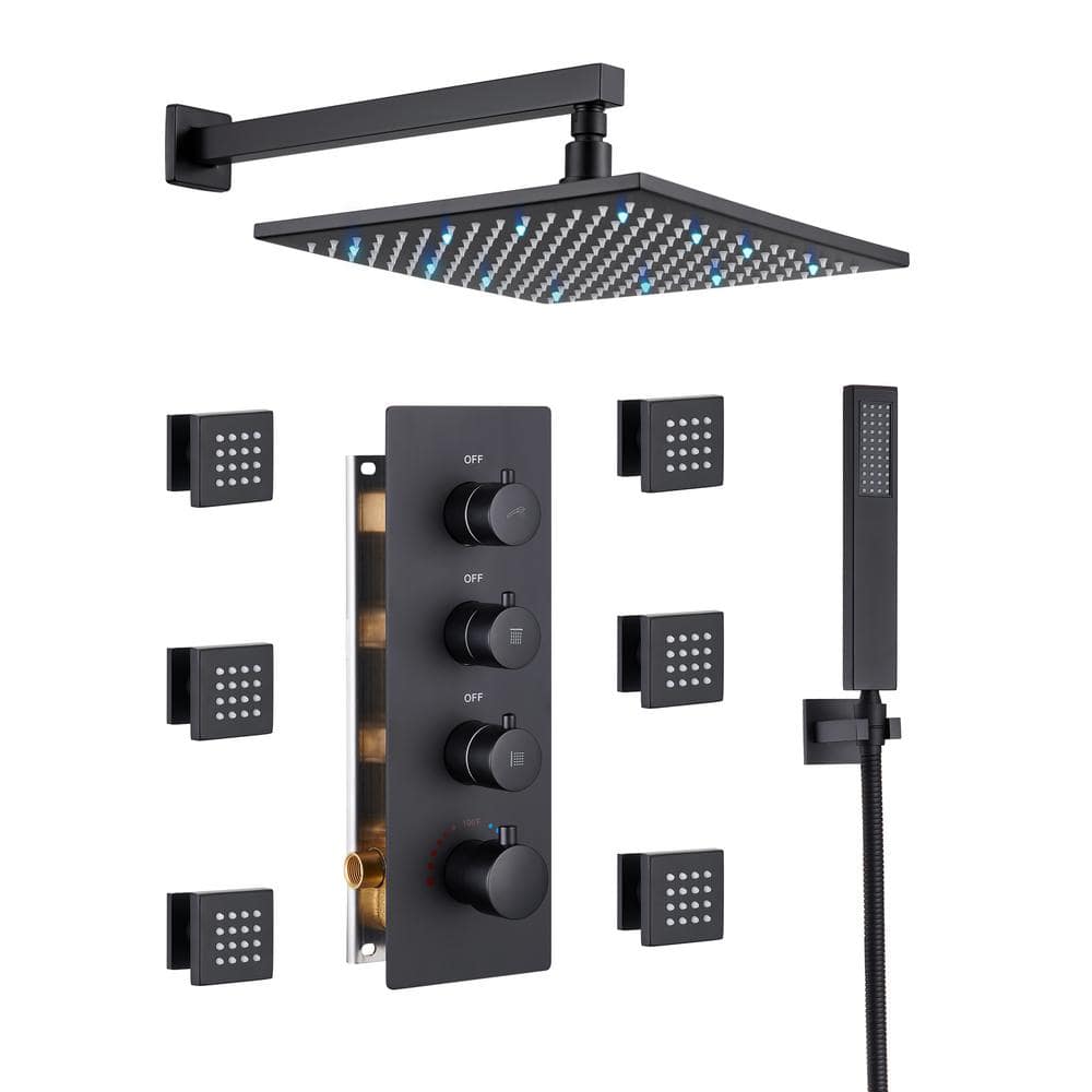 Luxury LED Thermostatic 3-Spray Patterns 12 in. Wall Mount Rain Dual ...
