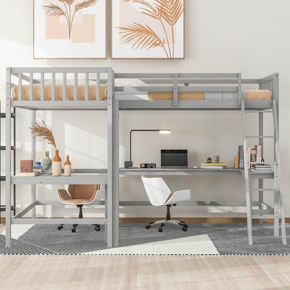 Polibi Wood Twin Size L-Shaped Loft Bed with Ladder and 2 Built-in L-Shaped Desks, Gray RS ...