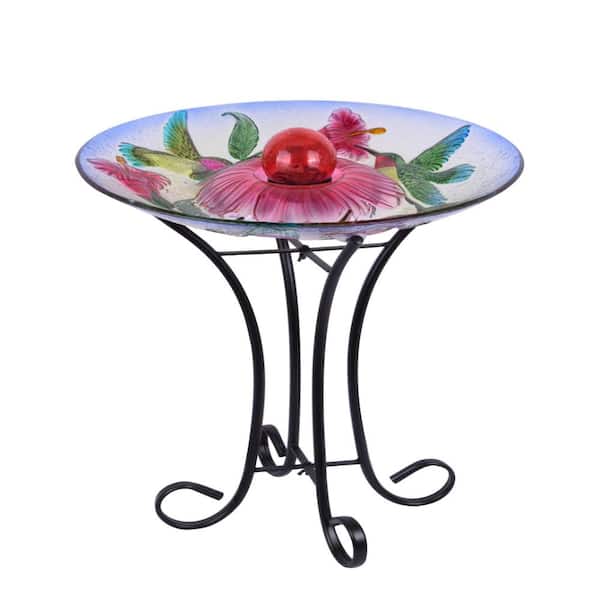 HI-LINE GIFT LTD. Solar Orb Floral Glass Hummingbird Bird Bath with ...