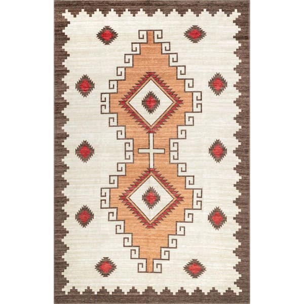 nuLOOM Imelda Aztec Machine Washable Ivory 5 ft. x 8 ft. Area Rug ...