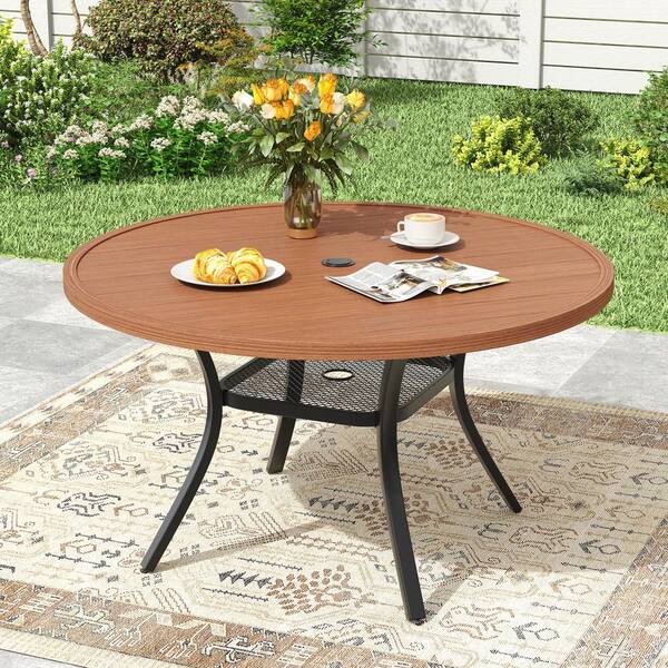 DIFY Walnut 47.2 in. Round Outdoor Patio Table, All-Weather Metal ...