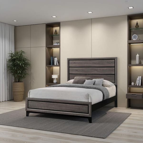 Benjara Transitional Gray Wood Frame King Size Panel Bed with Headboard ...