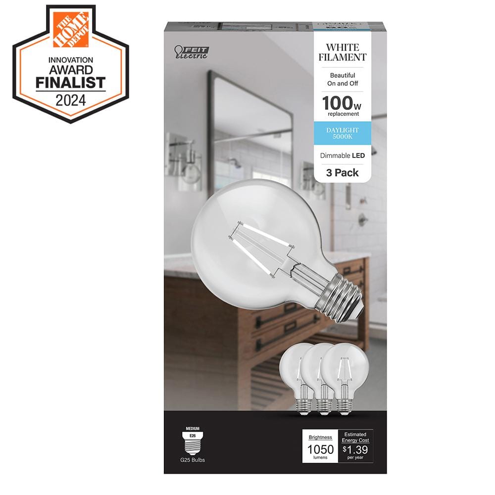 Feit Electric 100-Watt Equivalent G25 Globe Dimmable White Filament ...