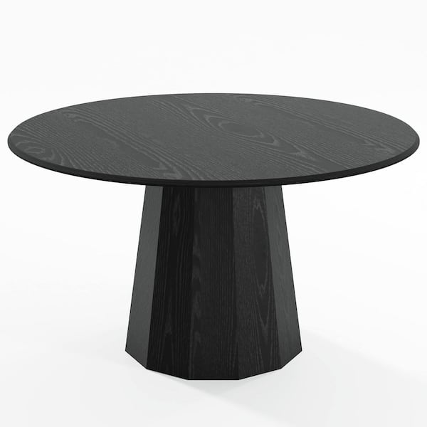 Dovelina 52 in. Black Oak Wood Column Pedestal Round Kitchen Table ...