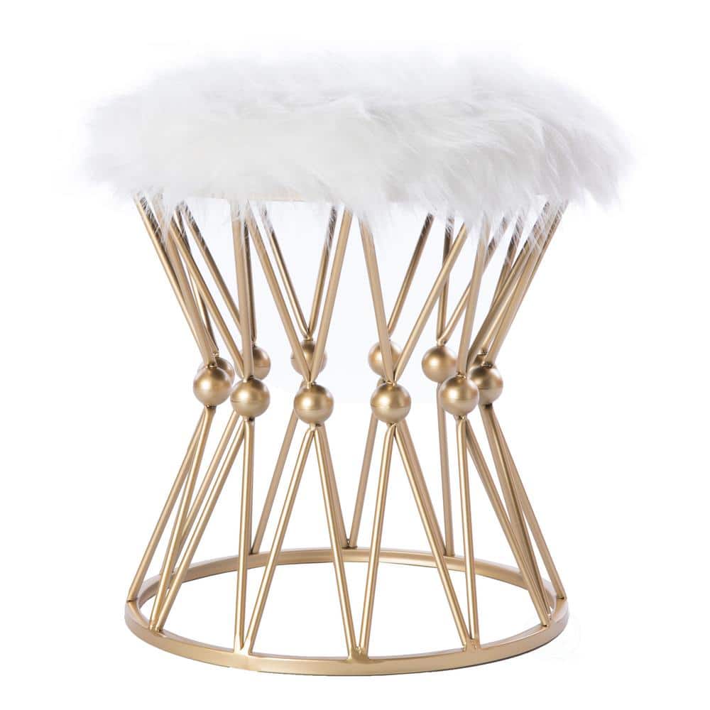 FABULAXE Round Gold Metal Accent Vanity Stool with White Fur Top Seat ...