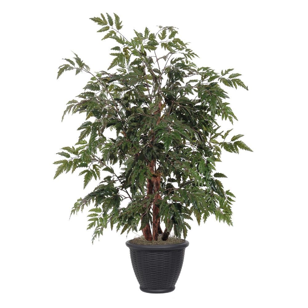 Vickerman 4 ft. Green Artificial Ming Aralia Leaf Tree in Gray Round ...