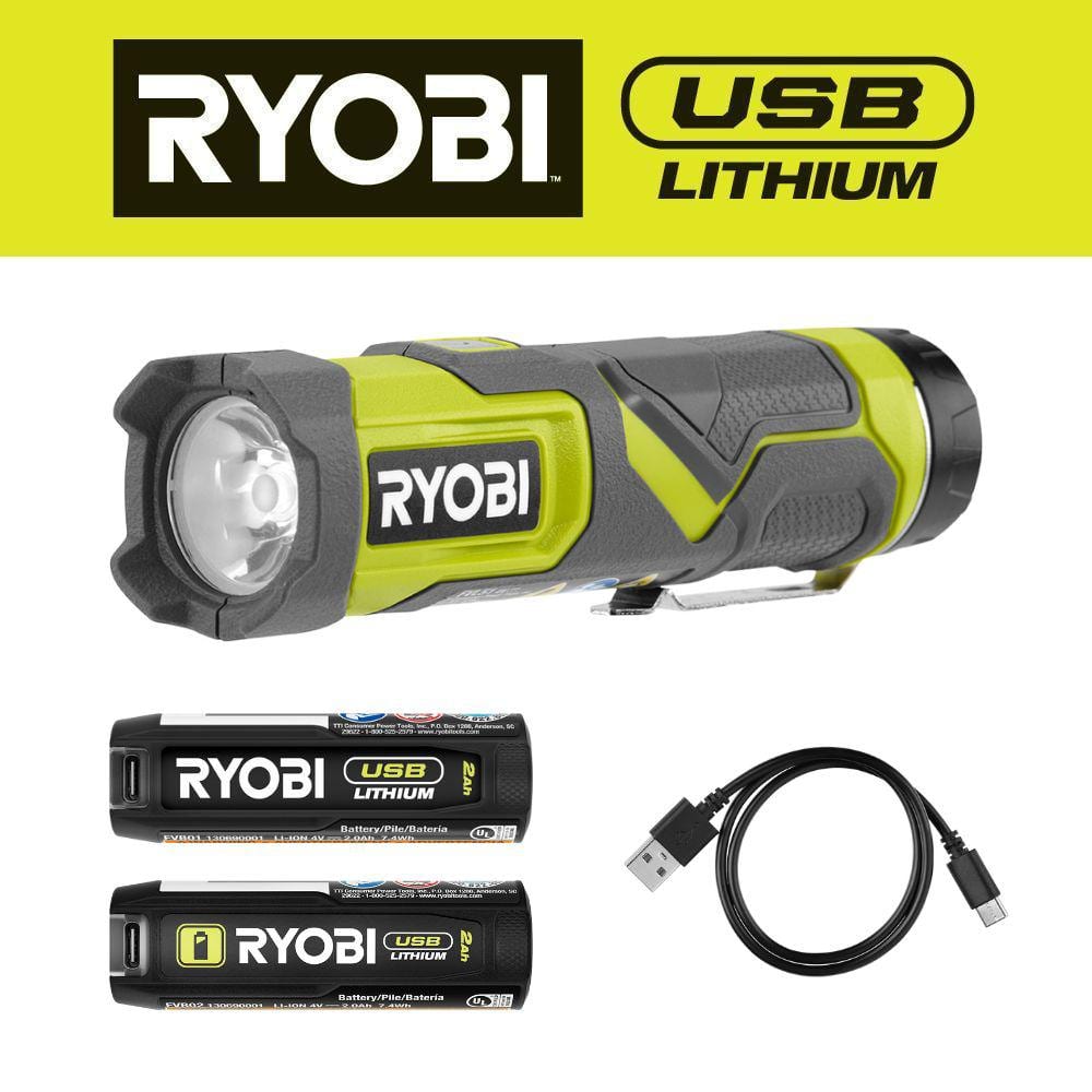 RYOBI USB Lithium Compact Flashlight Kit with 2.0Ah USB Lithium Battery ...