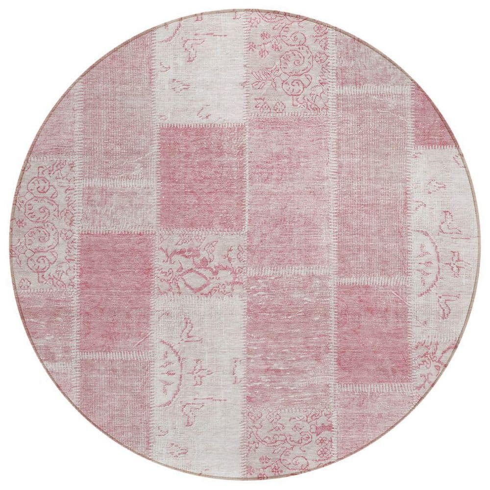HomeRoots Pink, Blush, Ivory 8 ft. Round Woven Plaid Polyester Round ...