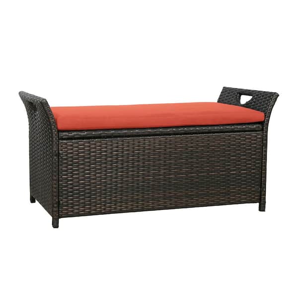 ULAX FURNITURE 40 Gal. Wicker Outdoor Storage Bench with Red Cushion HD ...