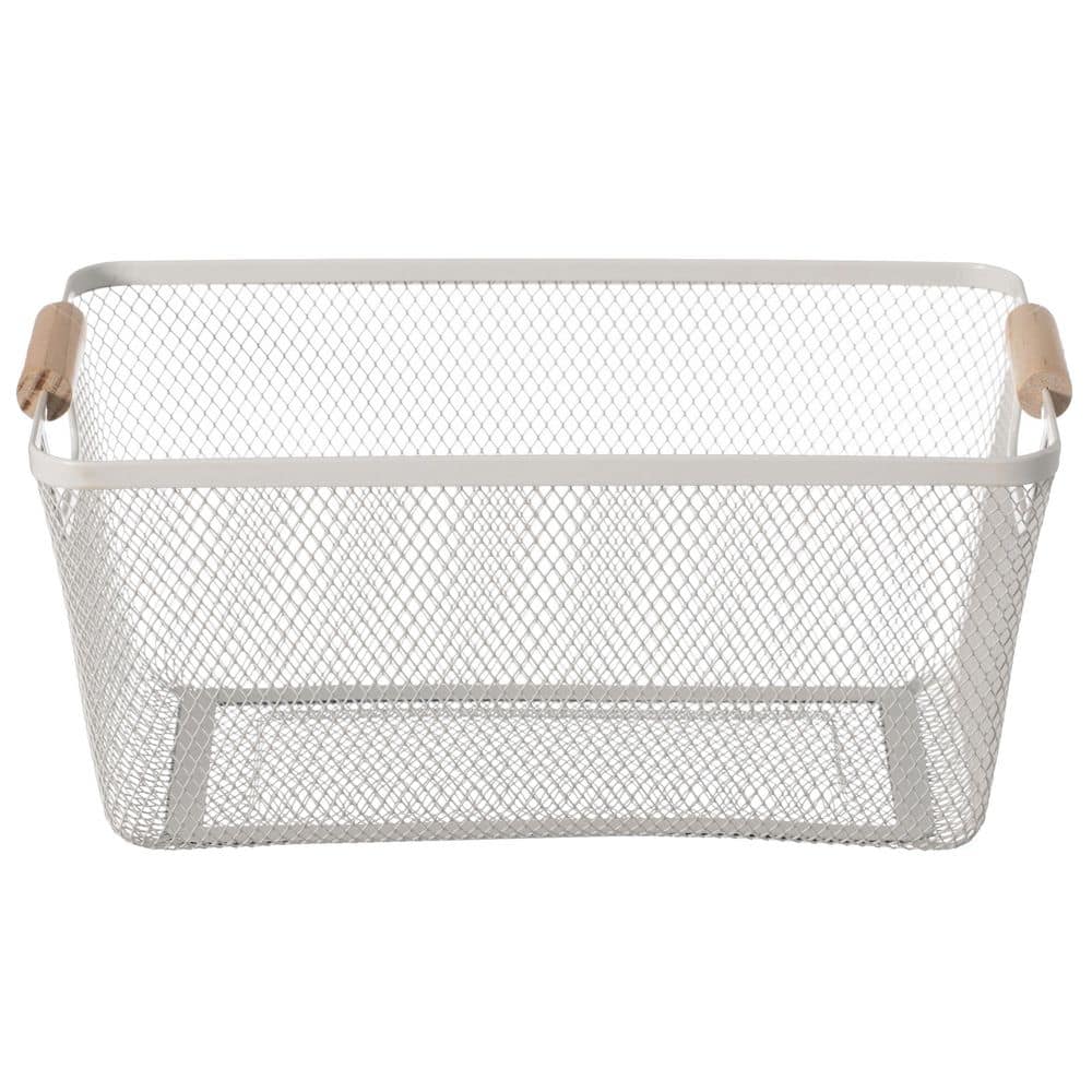 Basicwise White Metal Mesh Basket with Wooden Handle Organizer for ...