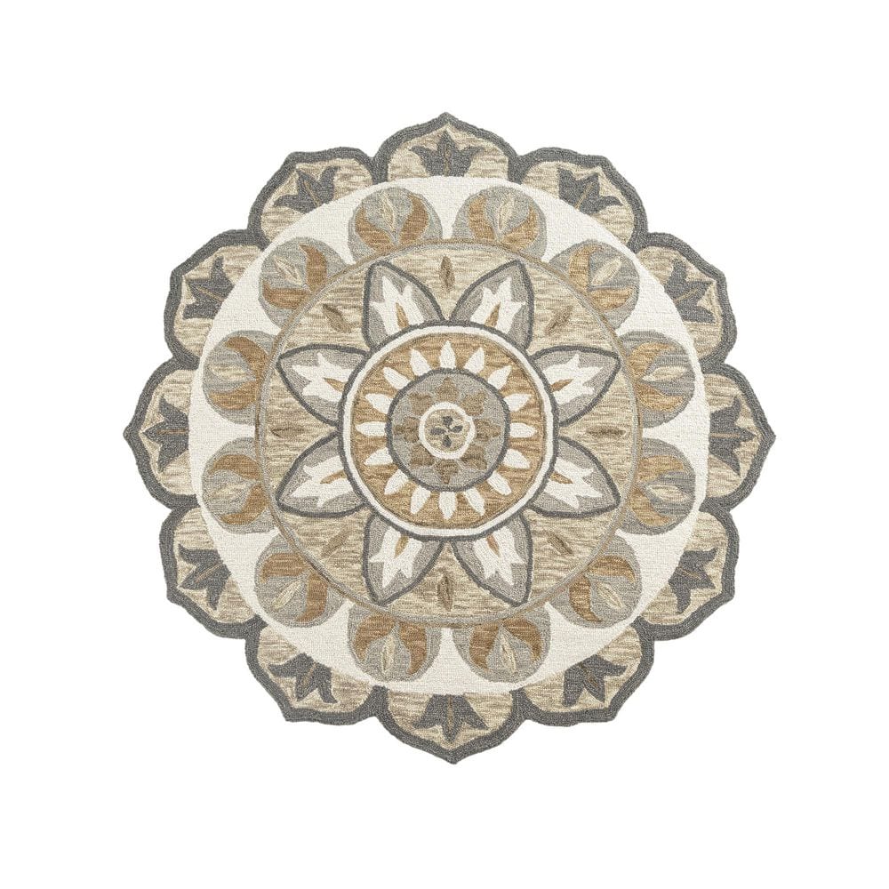 Daliah Beige/Gray 5 ft. Round Intricate Hand-Tufted Floral Wool Indoor ...