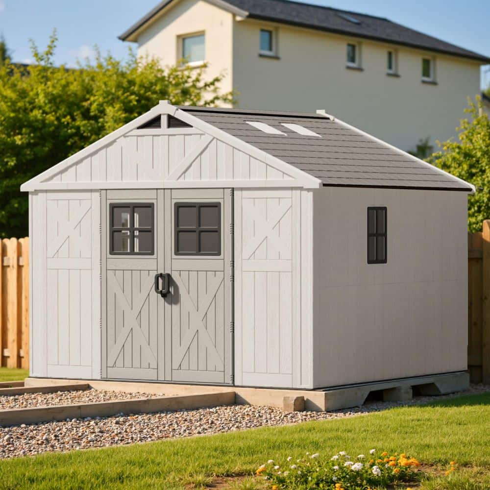 Patiowell 10 ft. W x 10 ft. D Outdoor Storage Resin Shed with Floor(100 ...