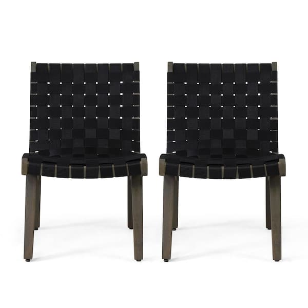 2-Piece Outdoor Lounge Chair with Rope Seat and Acacia Frame, Black ...
