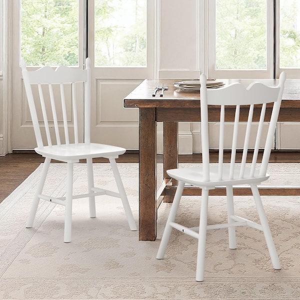 OrangeOne 17 in. White Wave Spindle Back Classic Windsor Dining Chair Solid Wood Armless ...