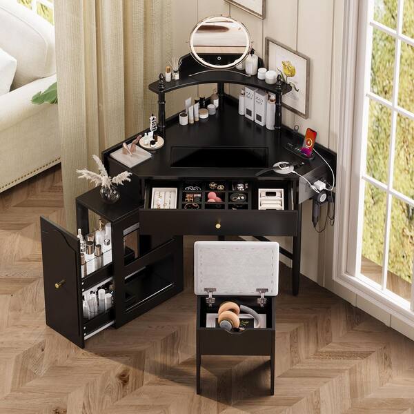 Harper & Bright Designs Corner Black Glass Tabletop Makeup Vanity Set ...