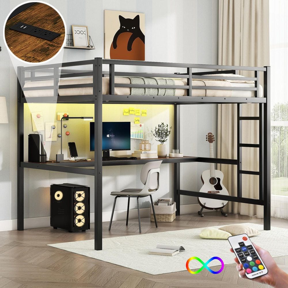URTR Black Full Size Loft Bed with Desk and LED Light Modern Metal Loft ...