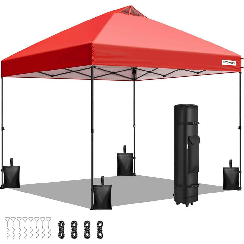 VIVOHOME 8 ft. x 8 ft. Portable Outdoor Red Pop Up Canopy with Wheel ...