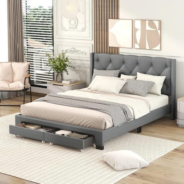 Harper And Bright Designs Gray Wood Frame Queen Size Linen Upholstered